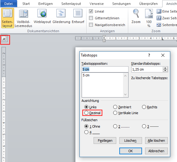 Word Tabulatoren setzen? (Microsoft Word, dezimal)