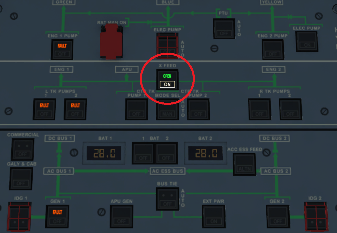 Wo befindet sich der "Fuel X Feed" und der "ENG Mode Sel" Schalter im ...