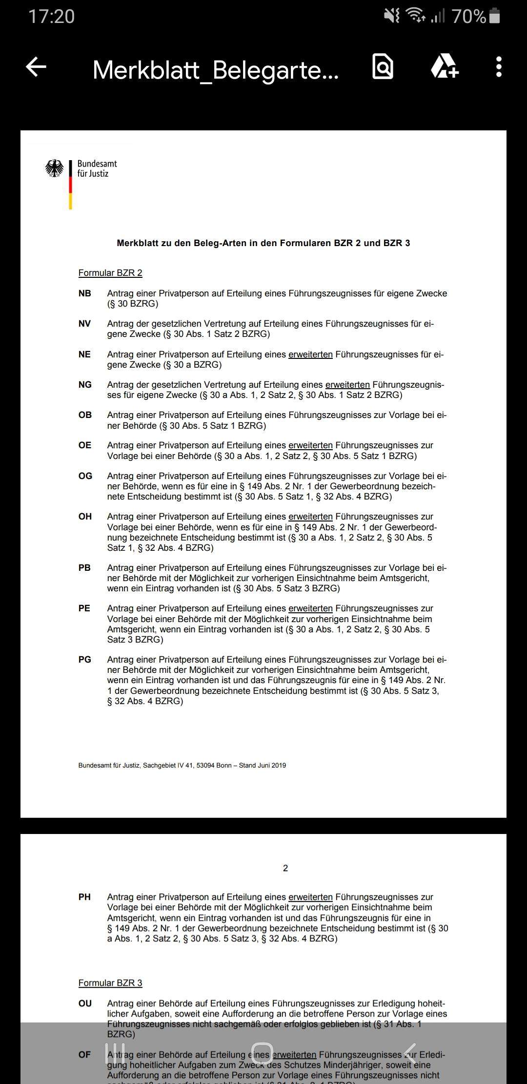 Welches Führungszeugnis beinhaltet das Kürzel "NE"? (polizeiliches ...