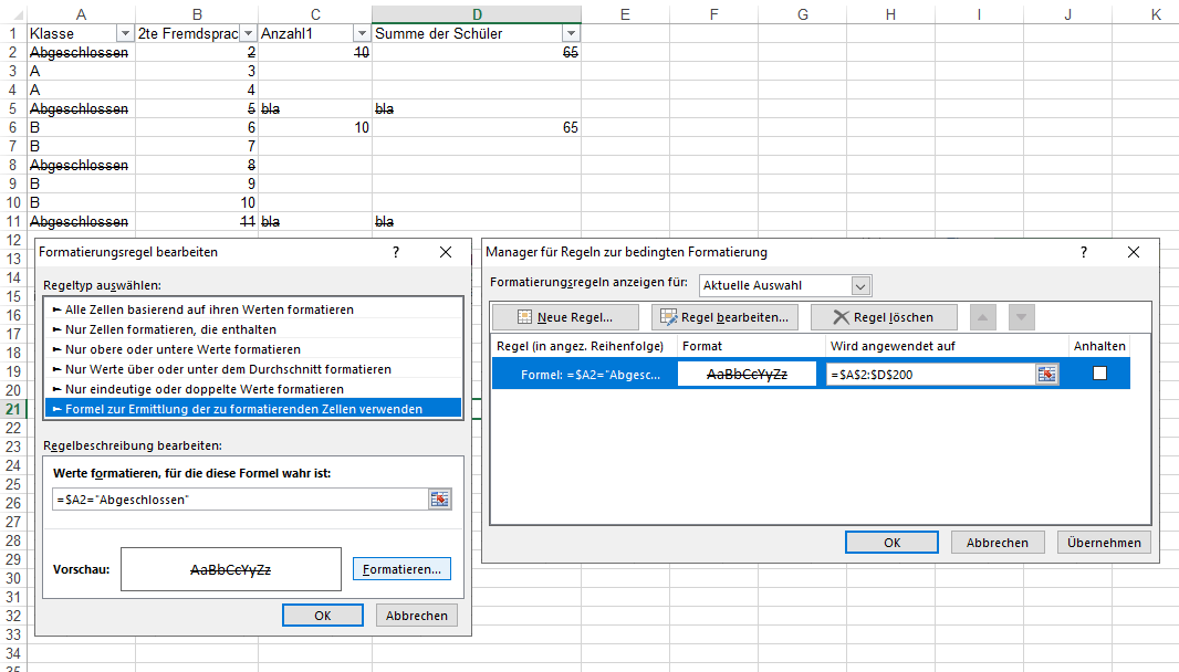 Excel bedingte Formatierung (Zeile durchstreichen wenn ein bestimmter ...