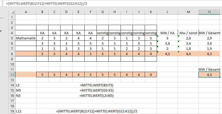 Notendurchschnitt in Excel berechnen? (Computer, Schule, Mathematik)