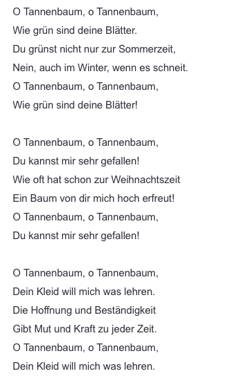 Wie oft kommen die Wörter 'o Tannenbaum' in dem Lied 'O Tannenbaum' vor ...