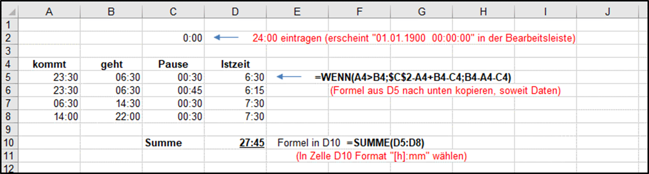 Formel für Arbeitszeiterfassung? (Microsoft Excel)