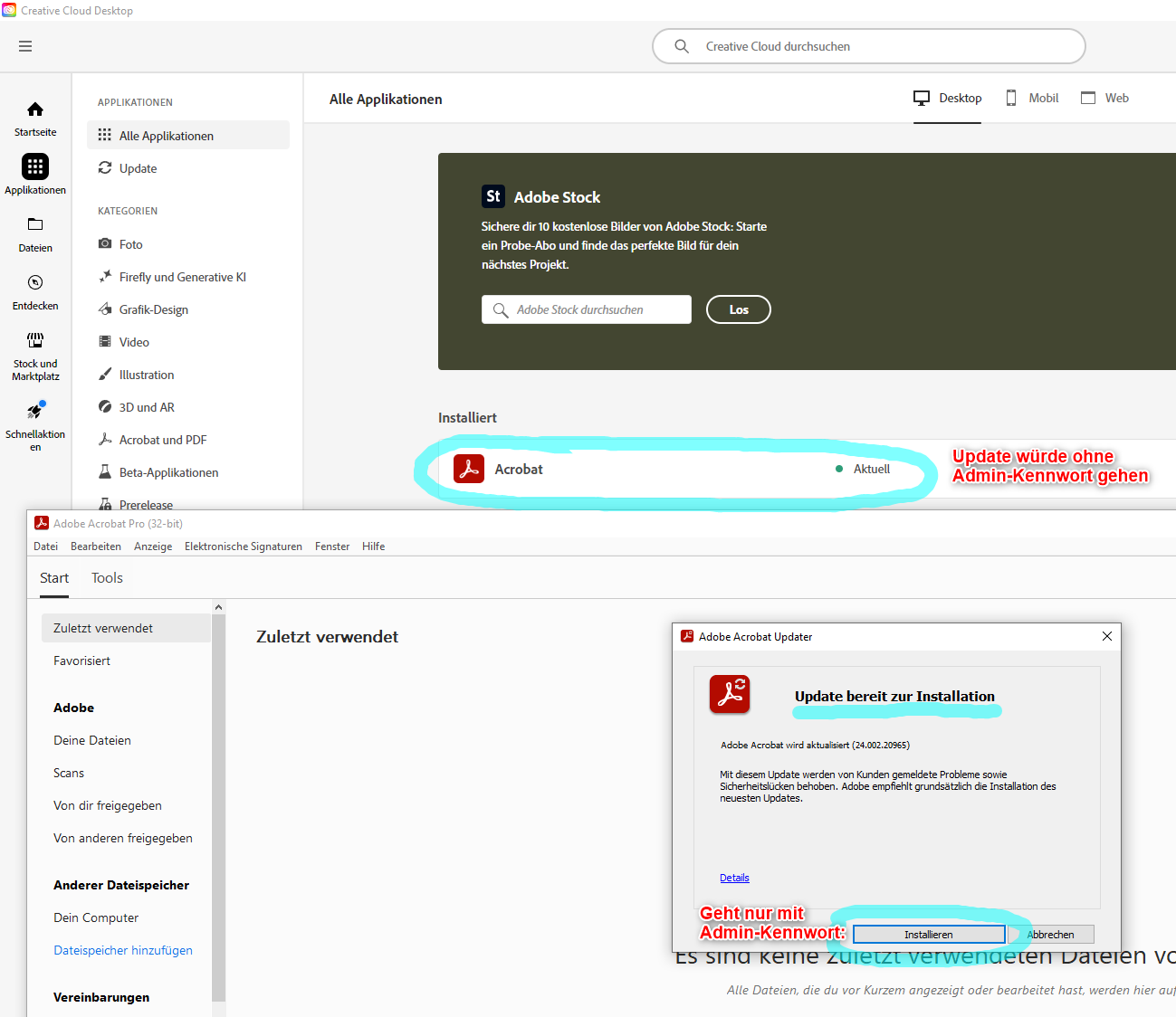 Adobe Acrobat Update ohne Admin-Kennwort installieren? (Computer, Windows, Software)