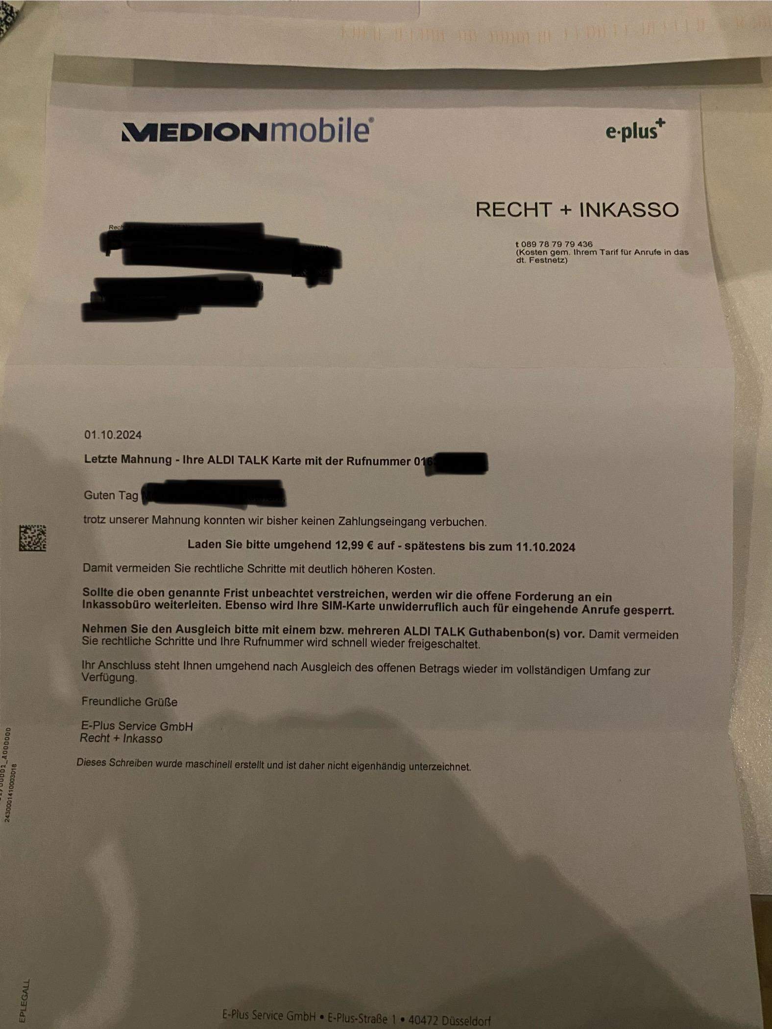 Aldi Talk inkasso? (Bank, Vertrag, Guthaben)