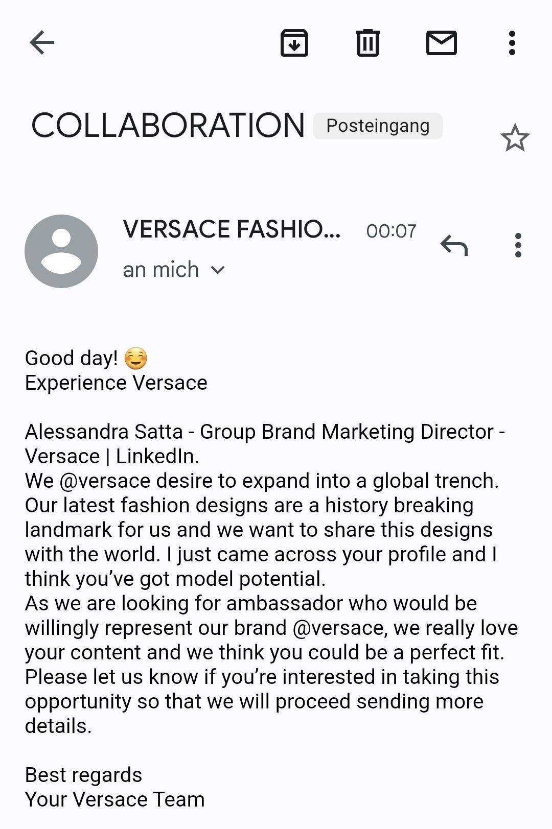 Anfrage für Collaboration echt? (Influencer, Versace, echt oder fake)