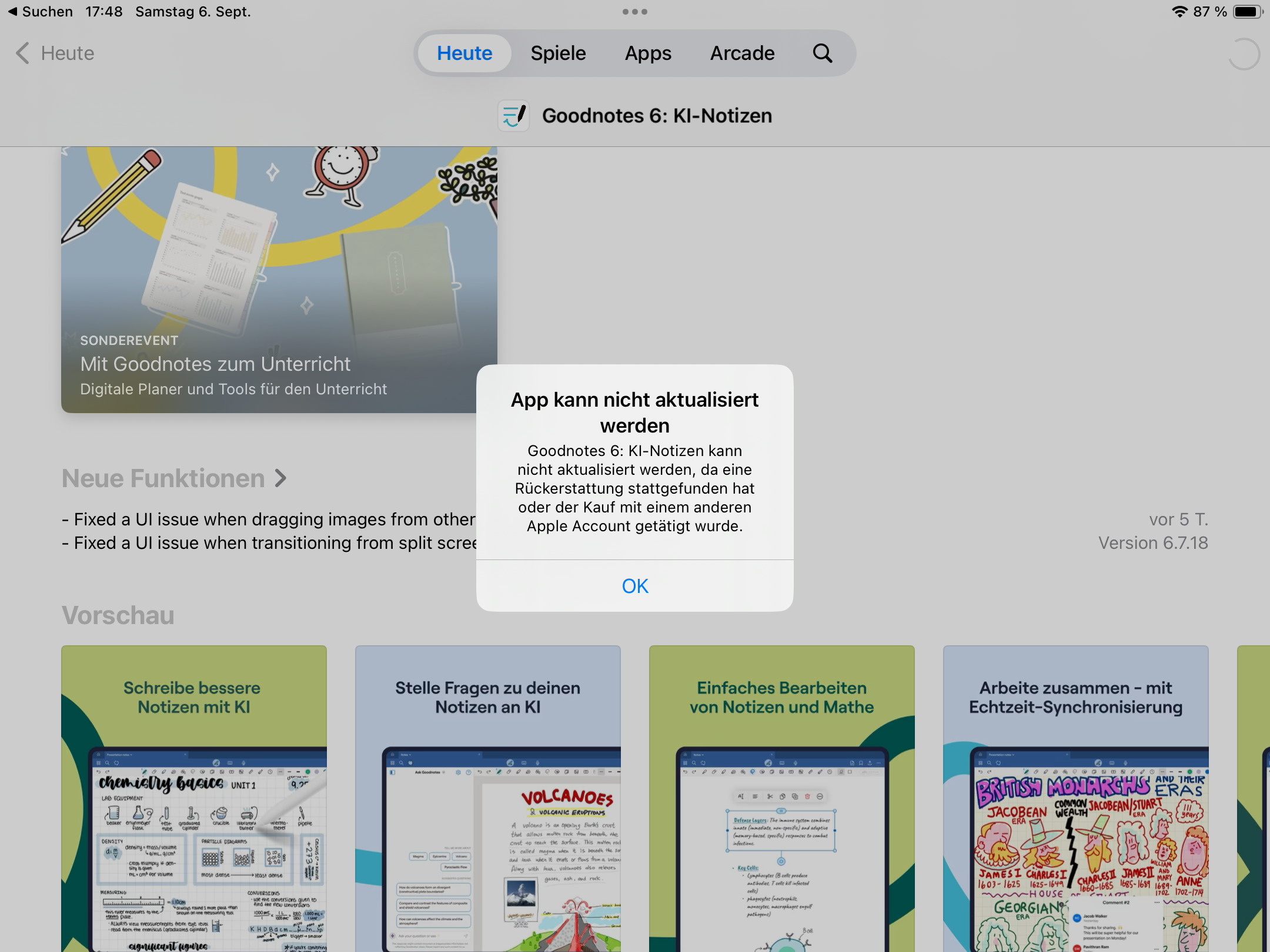 App Store hängt bei Aktualisieren von Goodnotes 6 fest, ich kann es ...