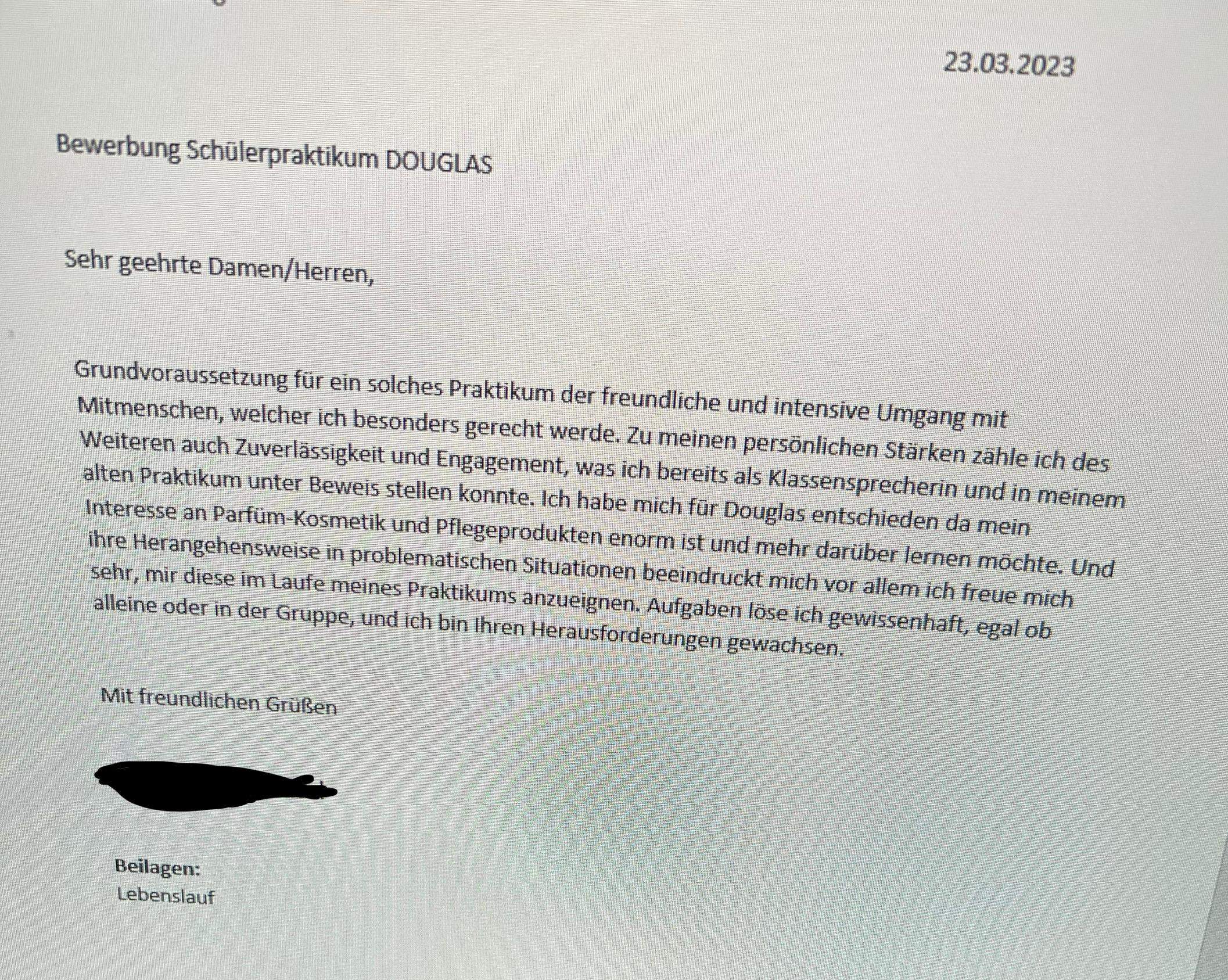 Bewerbung Douglas Praktikum ist? (Schulpraktikum, ist es gut)