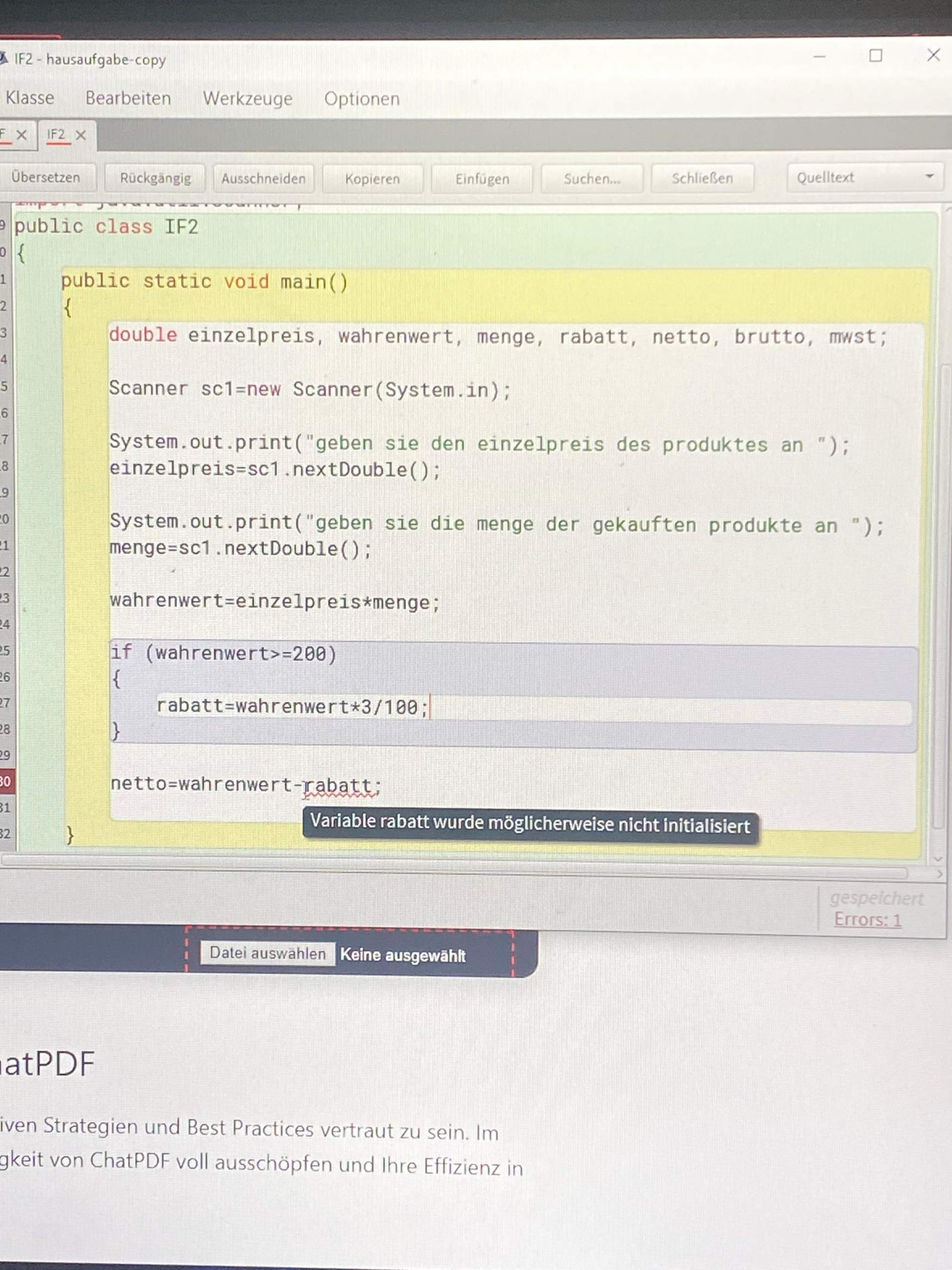 BlueJ/Java/Verzweigungen(IF): Wo ist der Fehler? (Programmiersprache)