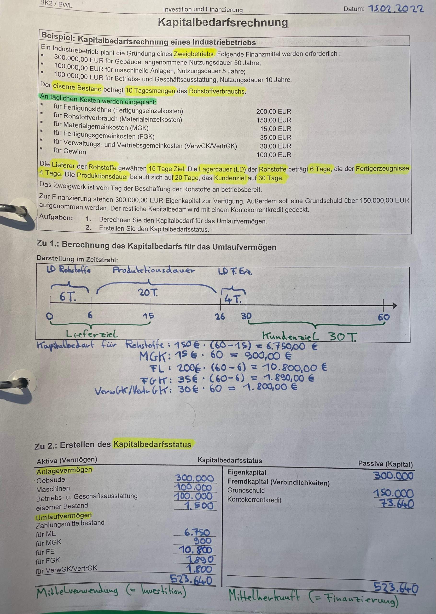 [BWL] Kapitalbedarfsrechnung? (Schule, Mathematik, Ausbildung und Studium)