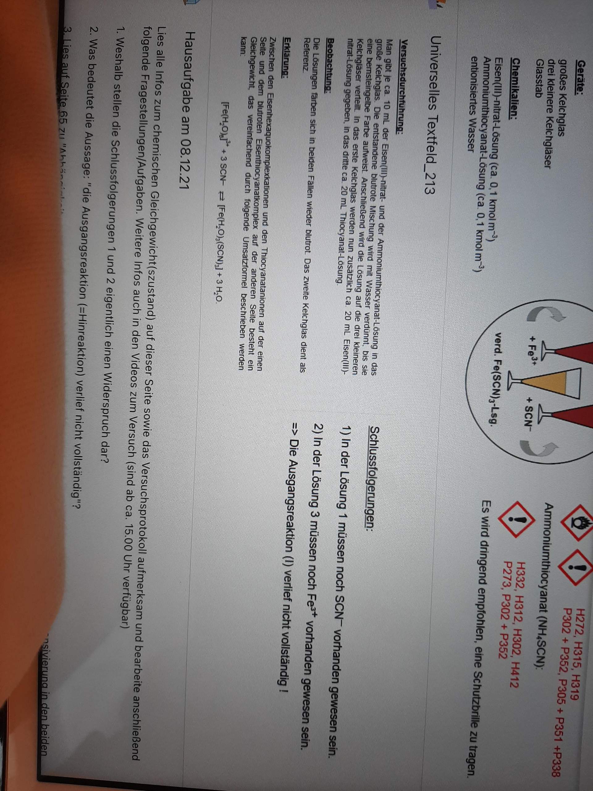 Chemie Versuch SCN- und FE³? (Schule)
