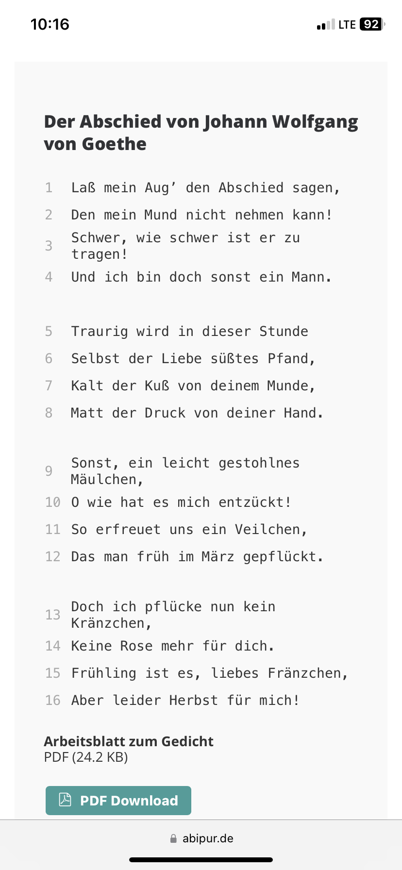 Der Abschied von Johann Wolfgang von Goethe was ist der metrum ...