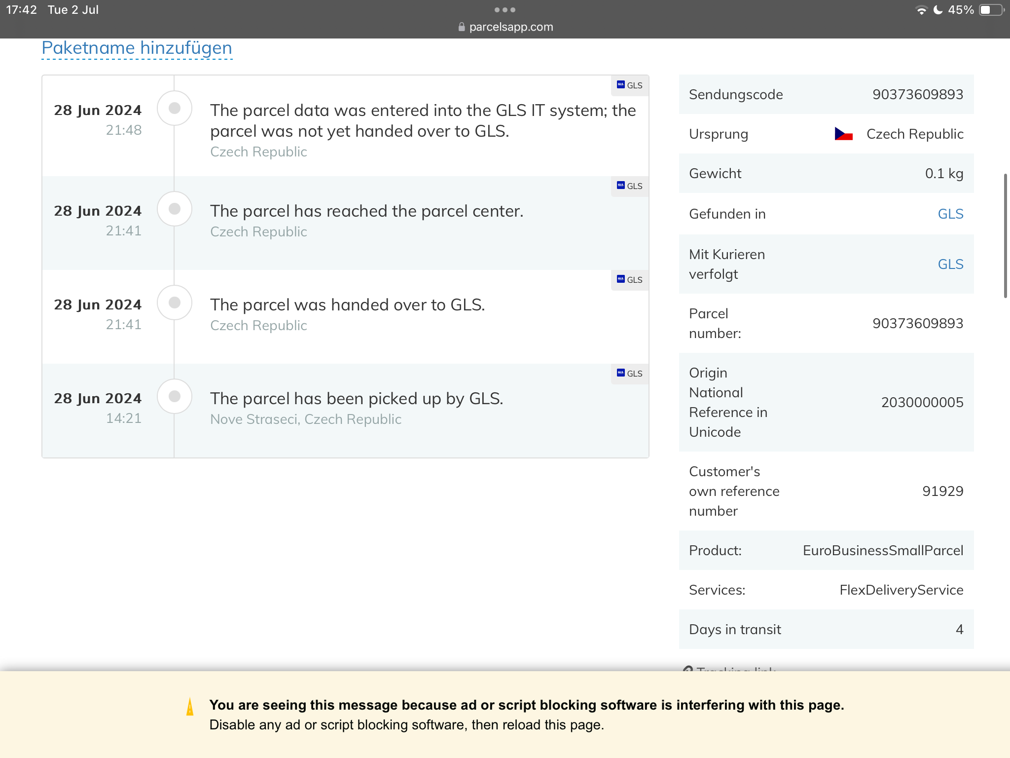 Der Status meines GLS Päckchen ändert sich seit 3/4 Tagen nicht ...