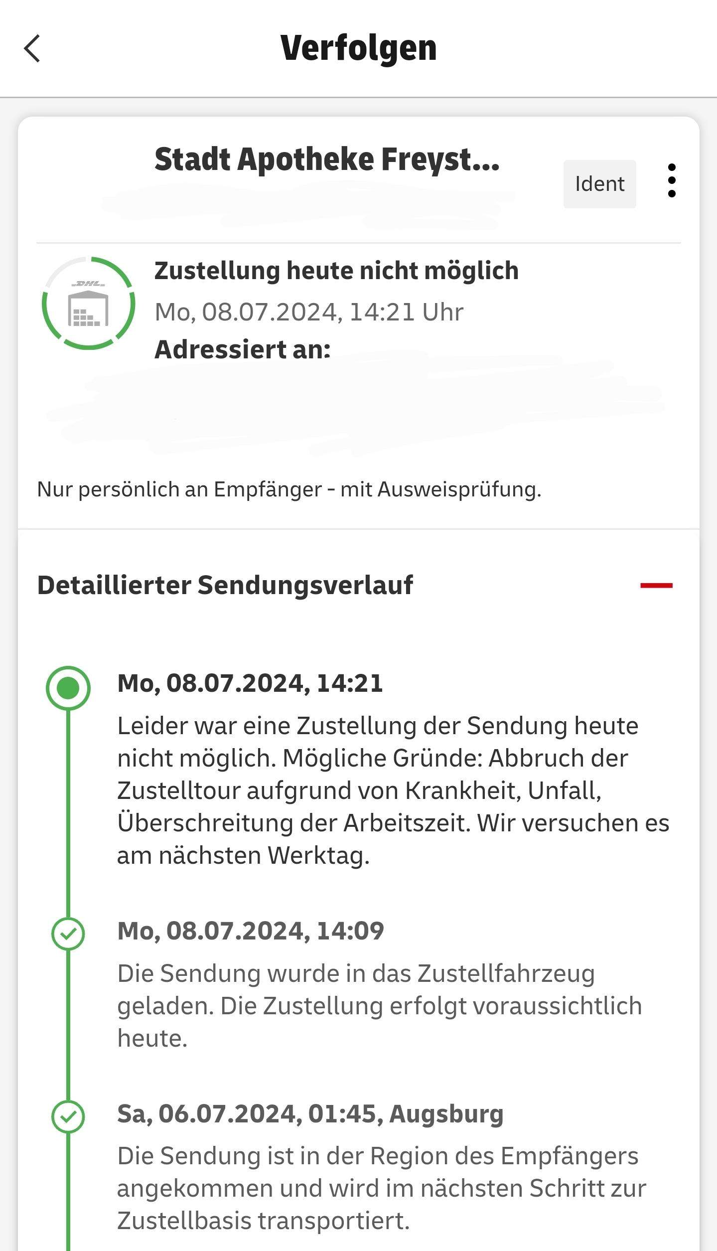 DHL Leider war eine Zustellung der Sendung heute nicht möglich ...