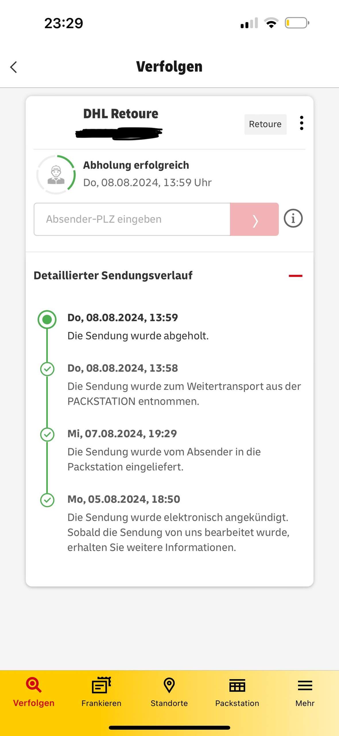 Dhl-Sendung Status seid fast 24std gleich ,,Sendung erfolgreich ...