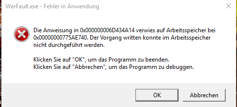 Die Anweisung in 0x0000000006D434A14 verwies auf Arbeitsspeicher bei ...