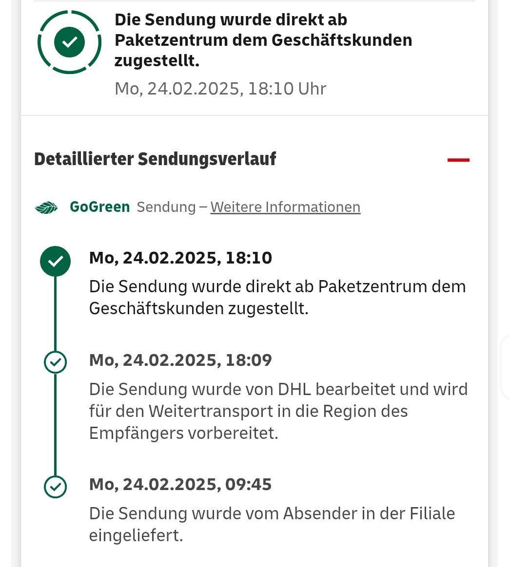 Die Sendung wurde direkt ab Paketzentrum dem Geschäftskunden zugestellt ...