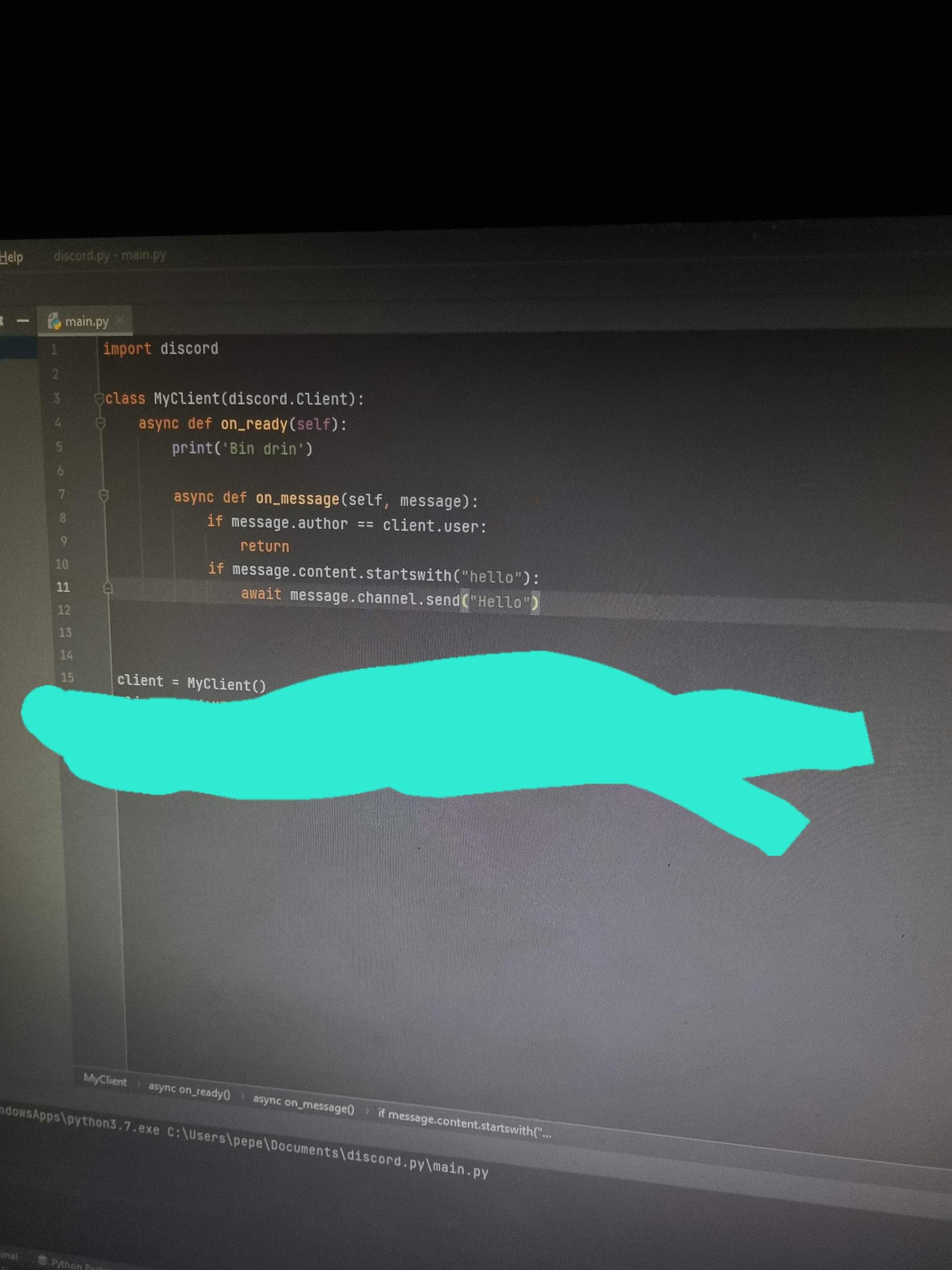 Discord bot kann nicht schreiben? (Python, Pycharm, discord.py)