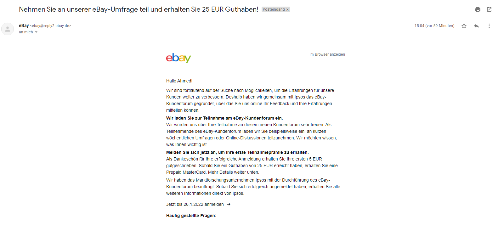 Ebay Nehmen Sie an unserer Ebay-Umfrage teil Spam Fake Email? (Betrug ...
