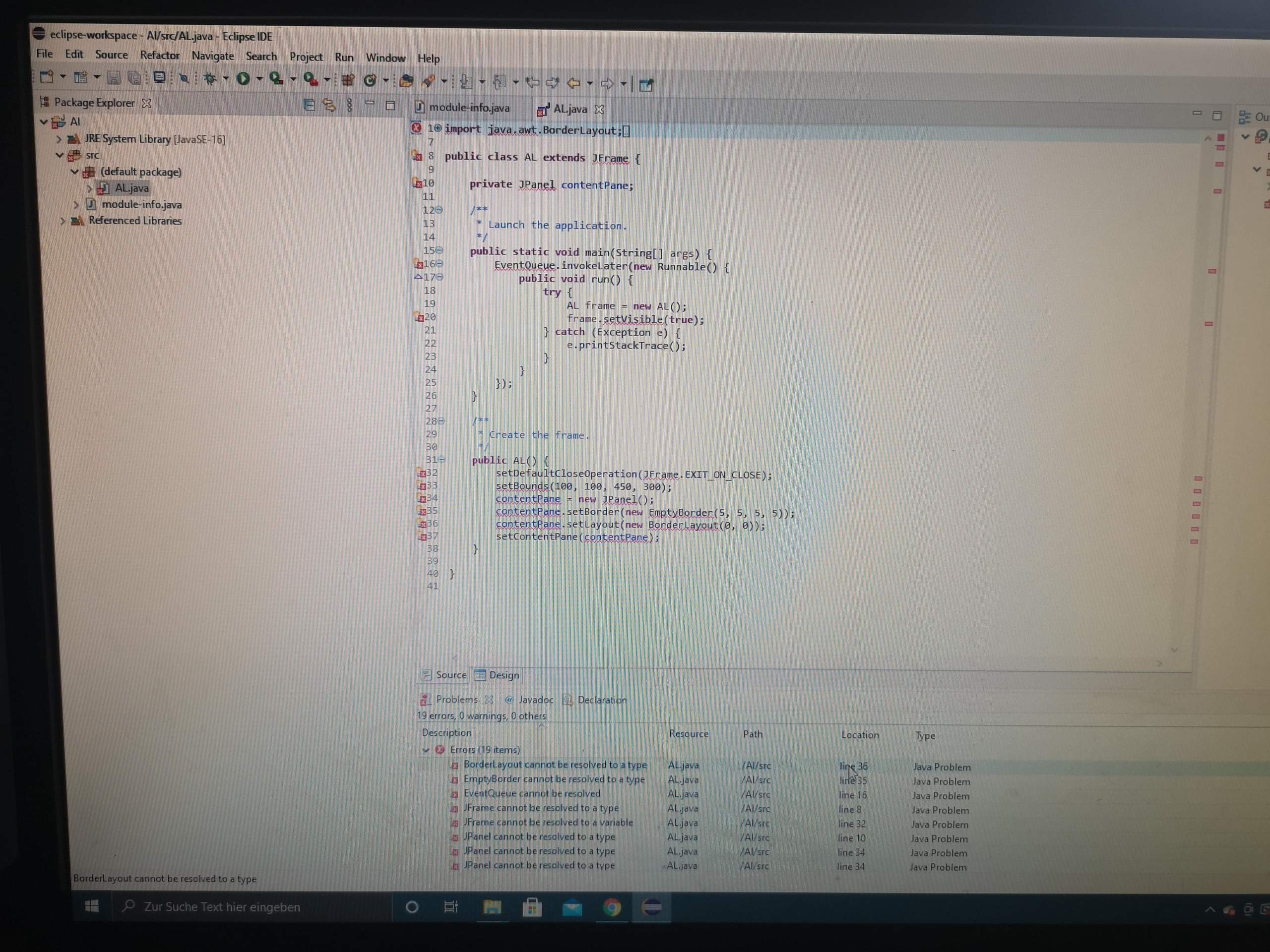 Eclipse JFrame erstellen wie geht das bzw warum kommt der Fehler ...