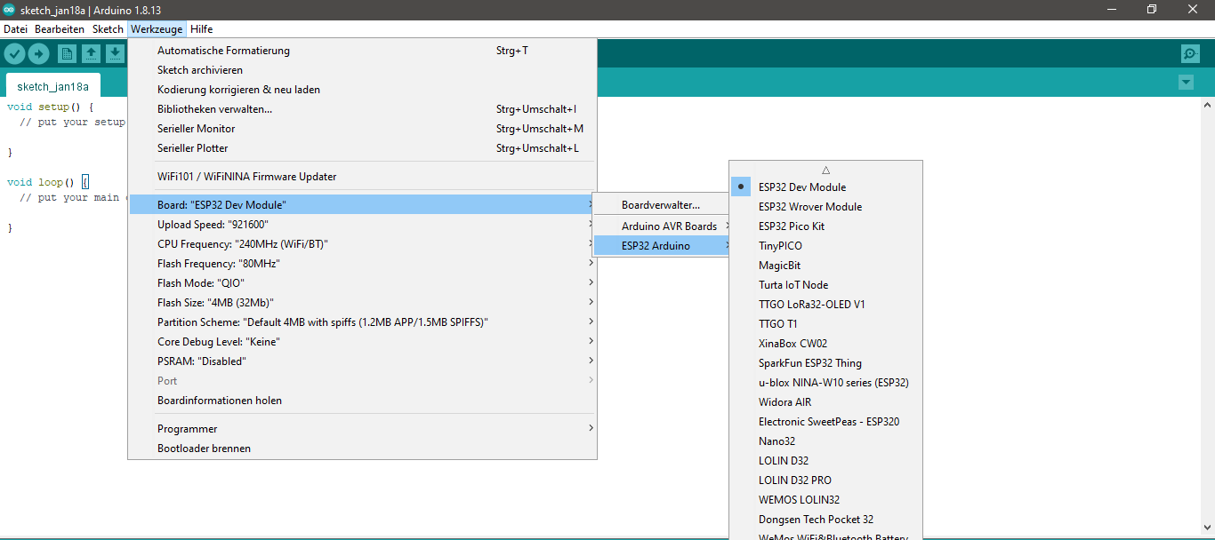 ESP32-Mikrocontroller, Arduino IDE Port Auswahl grau hinterlegt ...