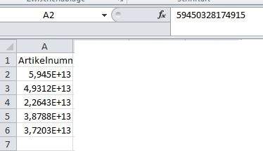 Excel formatiert Beträge immer in 5,945E+13 statt in anständige Zahl ...
