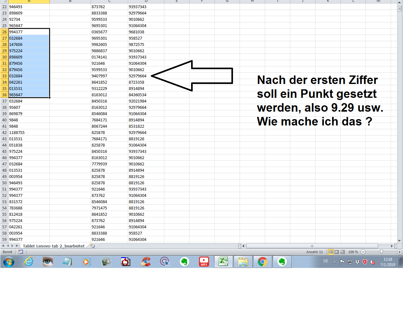 Excel: Nach der ersten Ziffer soll ein Punkt gesetzt werden? (Computer ...