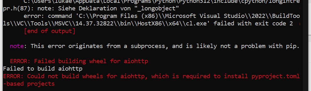 Failing build wheel for aiohttp? (Python, Programmiersprache, Python 3)