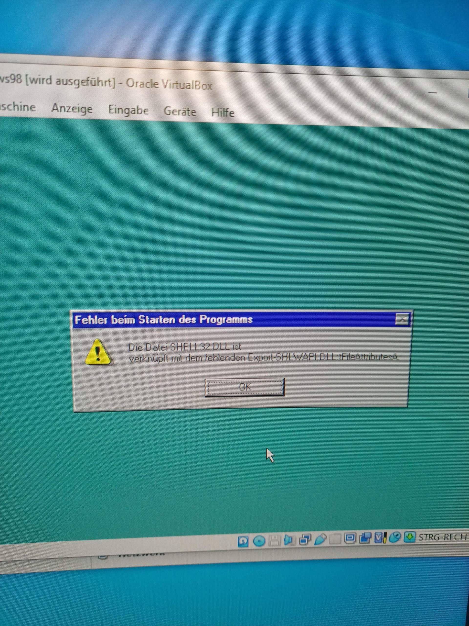 Fehler beim Start von Windows 98? (Taskleiste, VirtualBox)