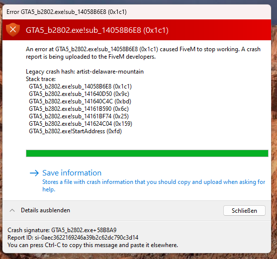 FiveM Crasht immer mal und etwas mit DirectX ist auch mal dabei, wie ...