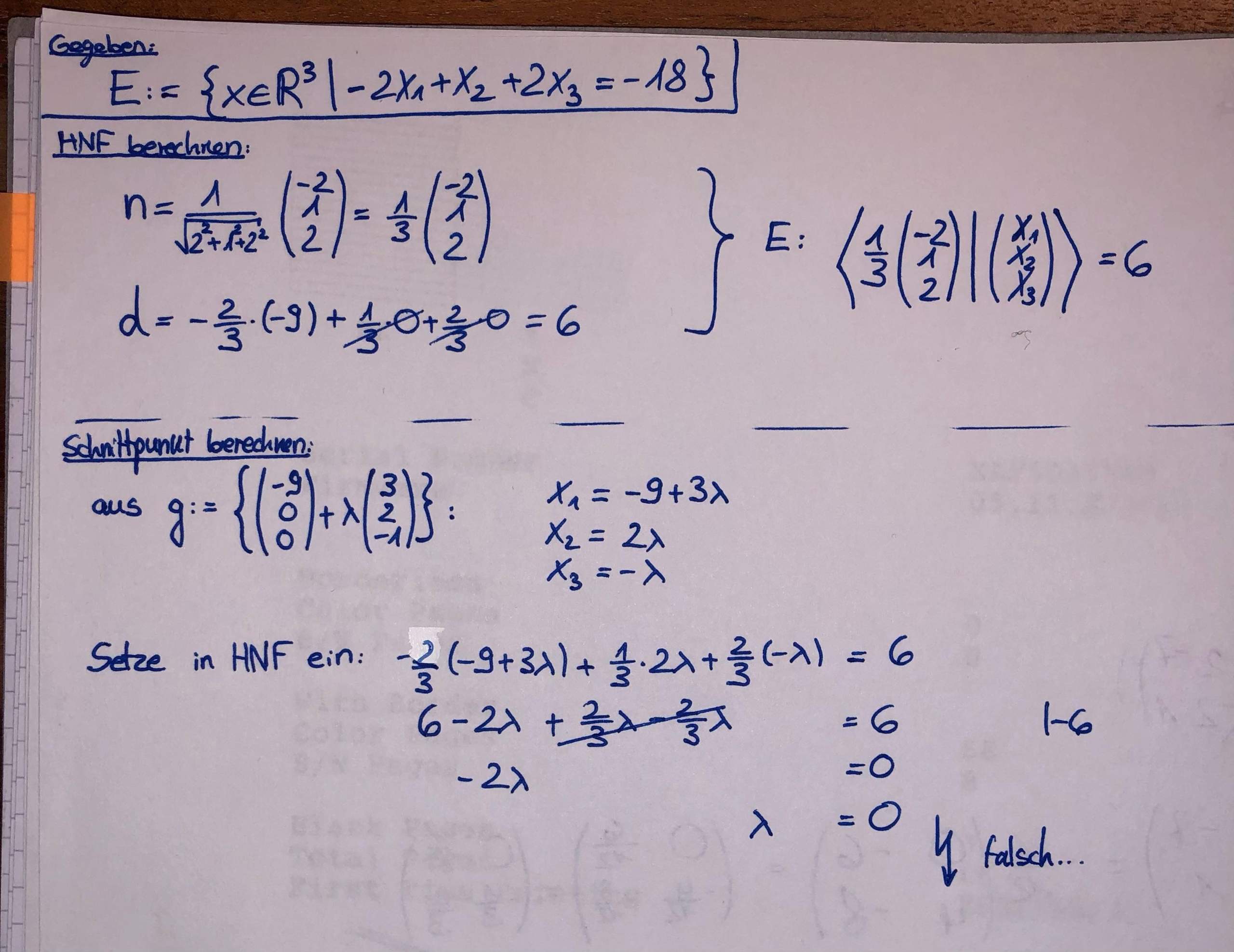 Hesse-Normalform Ebene (!Fehler!)? (Funktion, rechnen, Gleichungen)