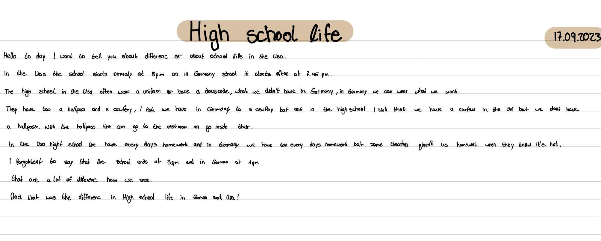 High school life text in 2 Tage Klassenarbeit englisch? (Schule)