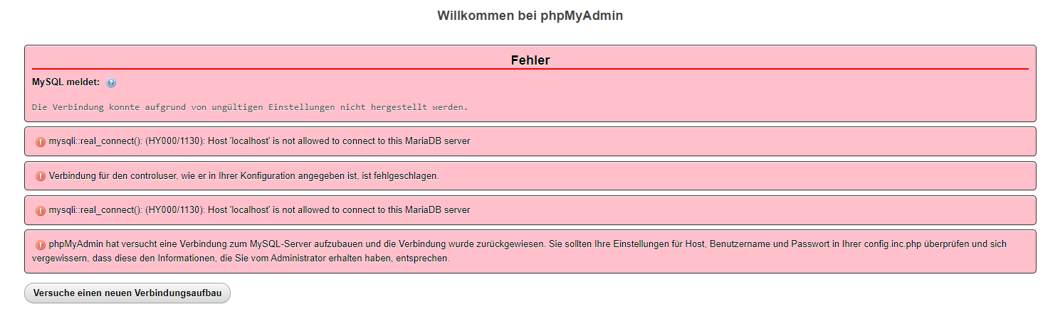 (HY000/1130): Host 'localhost' is not allowed to connect to this MariaDB server wie beheben ...