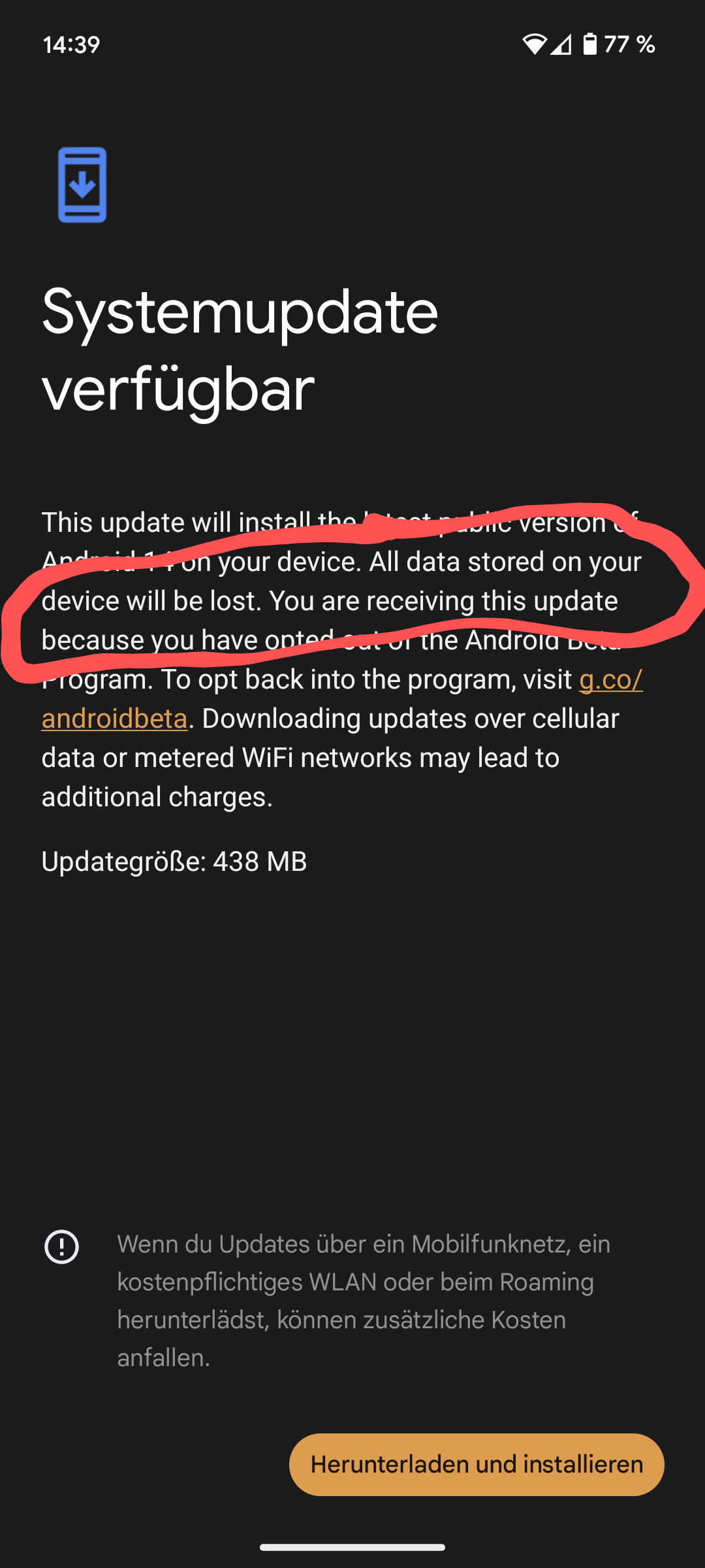 Ich bin von Android 14 QPR1 Beta Opt out und jetzt werden meine Daten ...