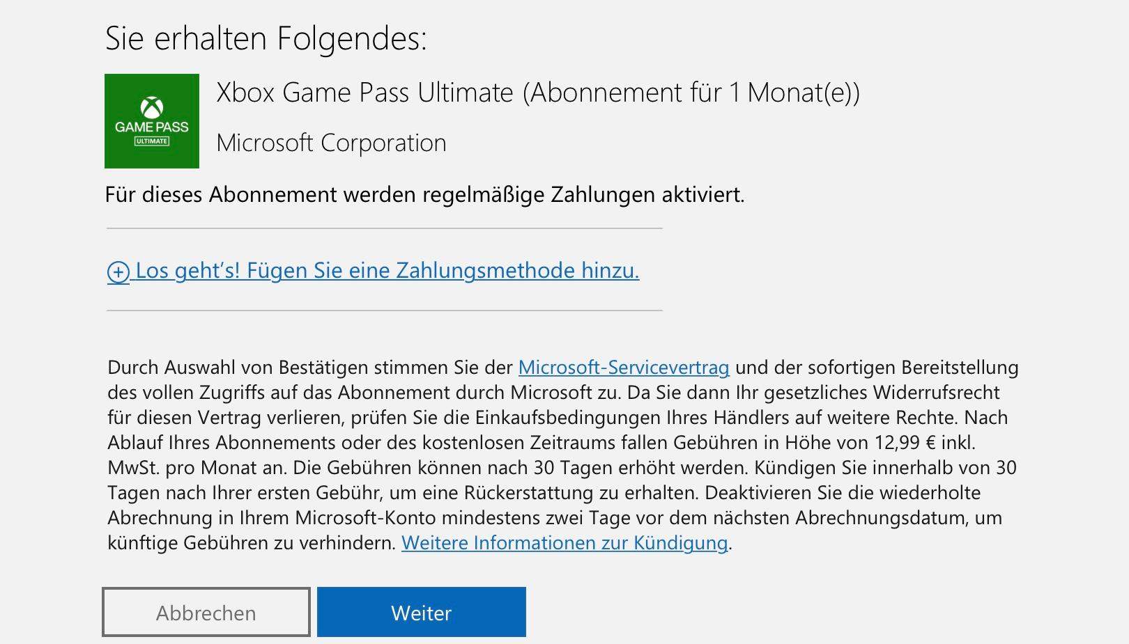 Ich möchte einfach nur den GamePass einlösen ohne eine Zahlungsmethoden hinzuzufügen? (Microsoft ...
