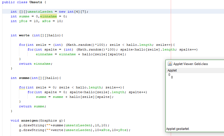 ich soll über mittels einem 2D Array und verschiedene Methoden ein ...