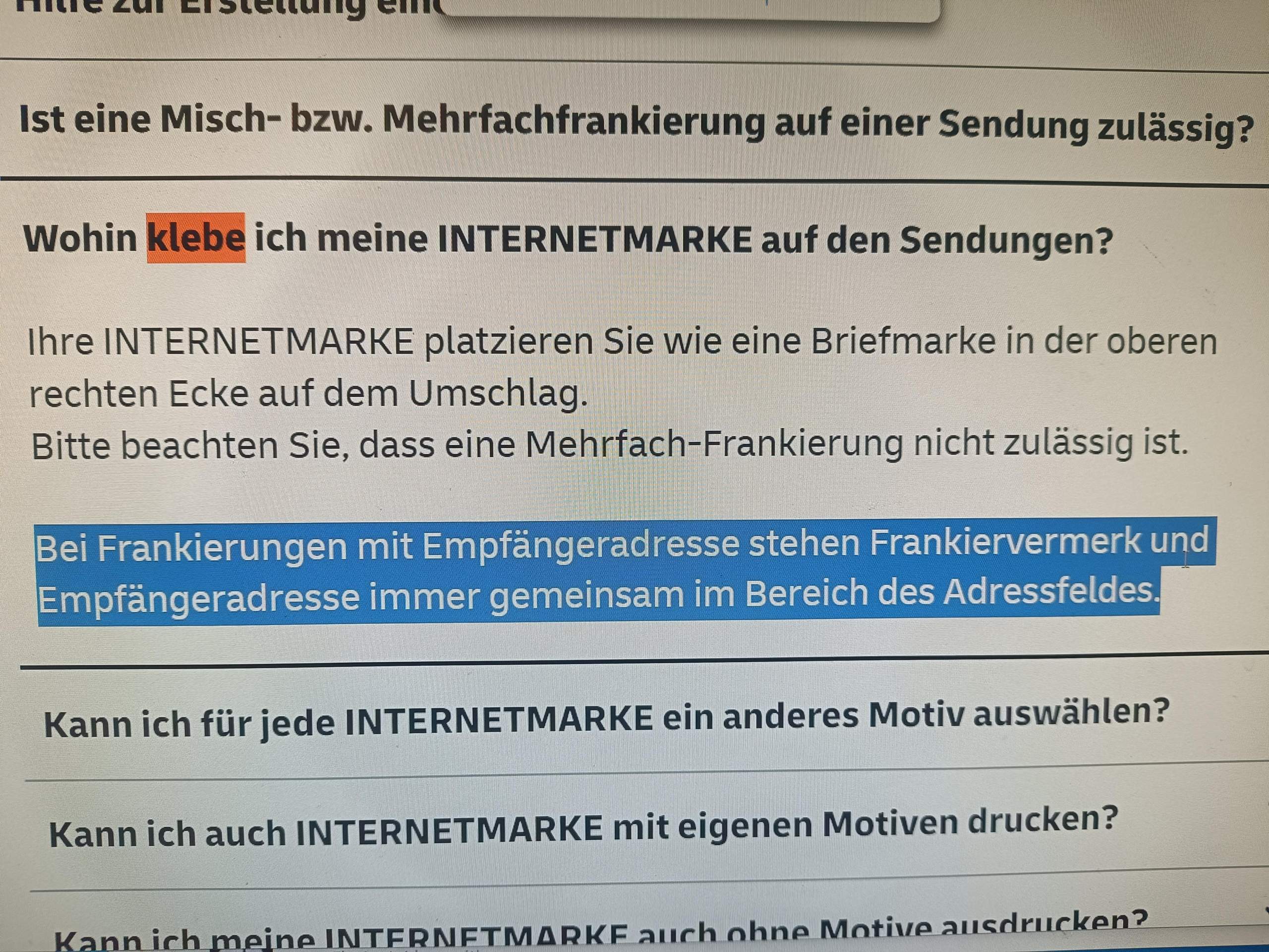 Imternetmarke (deutsche Post) mit adresse wohin kleben? (Versand, DHL ...