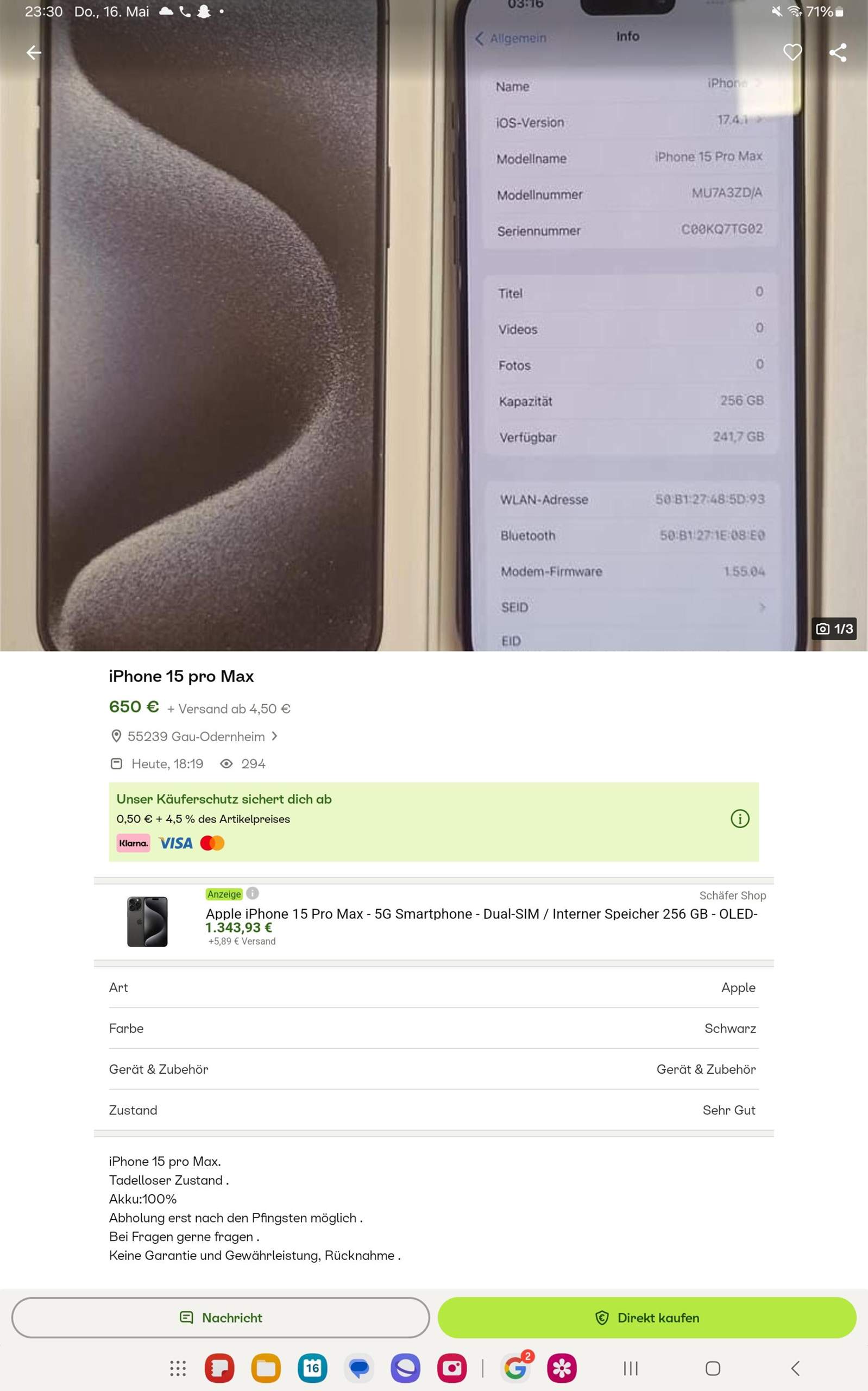 Ist dieses Angebotauf Kleinanzeigen seriös?(Iphone 15 pro max)? (Technik, Apple, Seriösität)