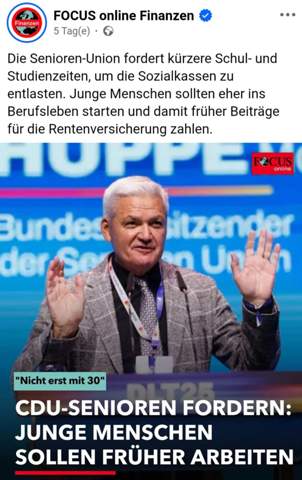 Junge Menschen sollen früher arbeiten und in die Rentenkasse einzahlen ...