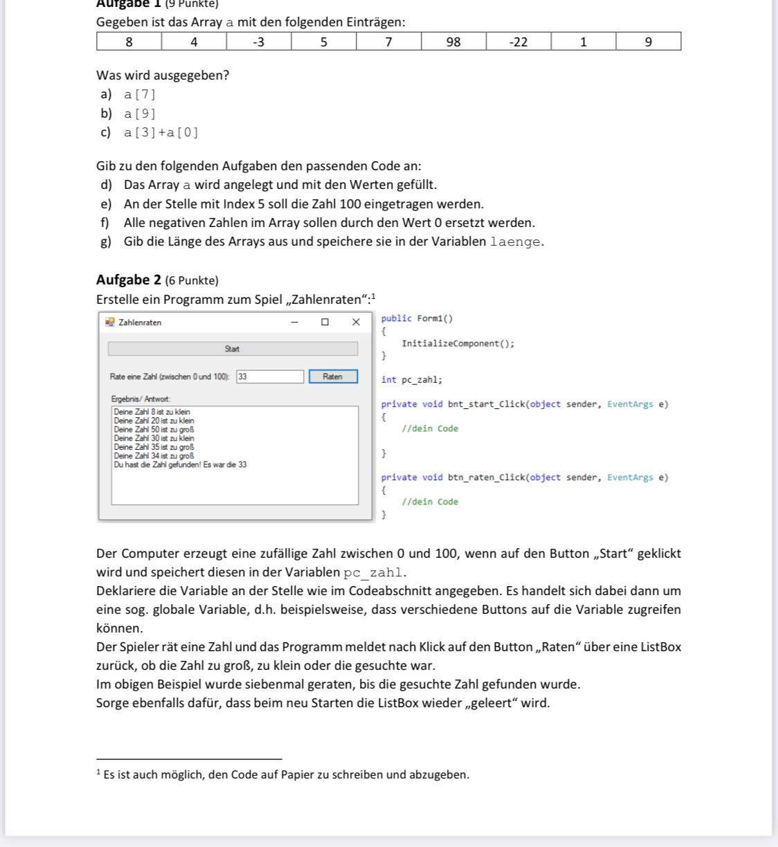 Kann jemand mit diesem Informatik Array Blatt behilflich sein? (Computer, Schule, programmieren)
