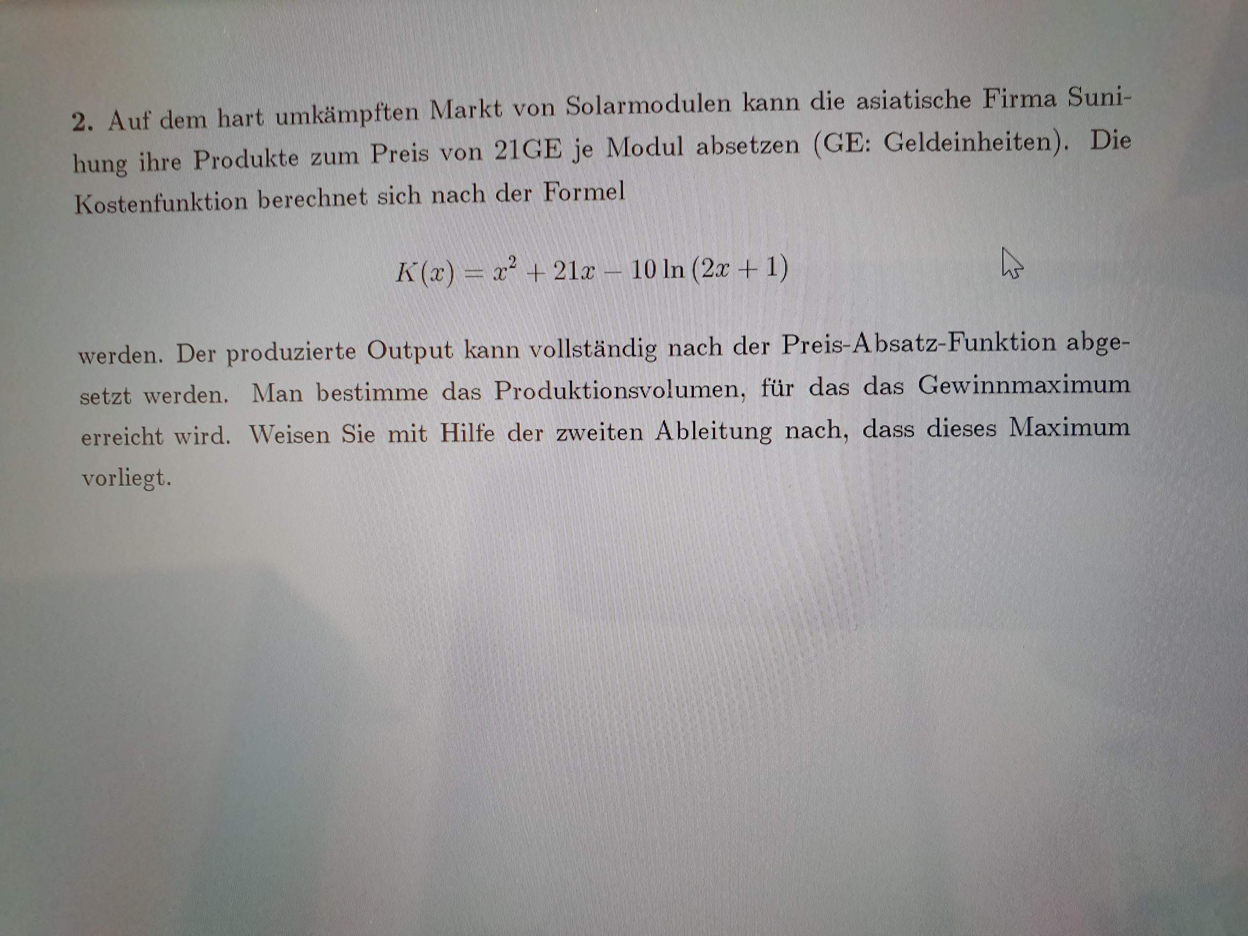 Kostenfunktion Preis Absatzfunktion BWL Mathe? (Schule, Mathematik ...