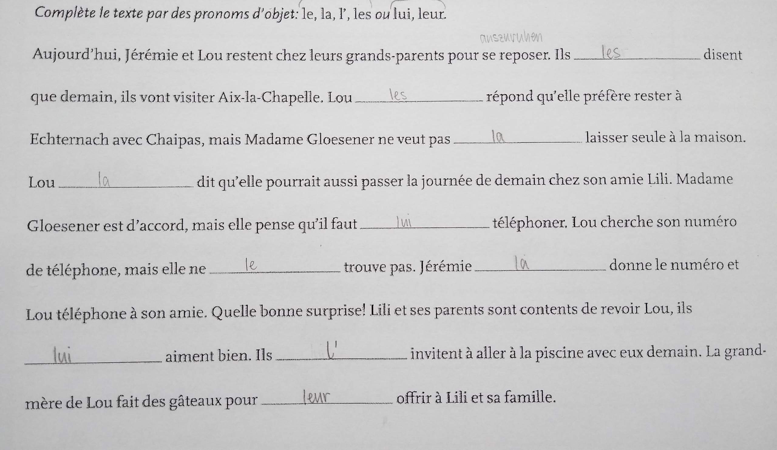 Les pronoms objets (französisch) richtig gewählt? (Grammatik, Text ...