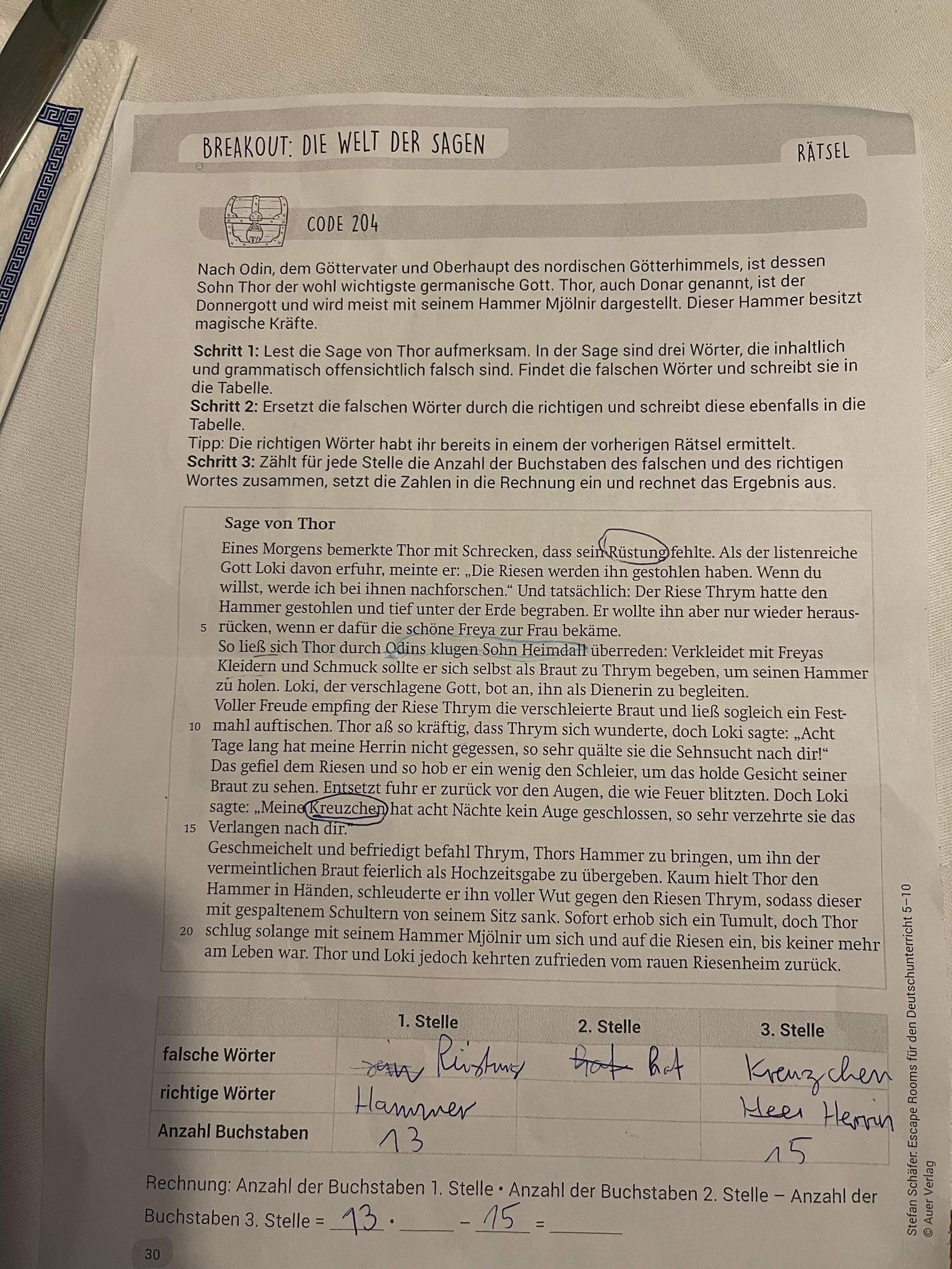 Lösung Escape room für den Deutschunterricht? (Deutsch, Thor, Escape Game)