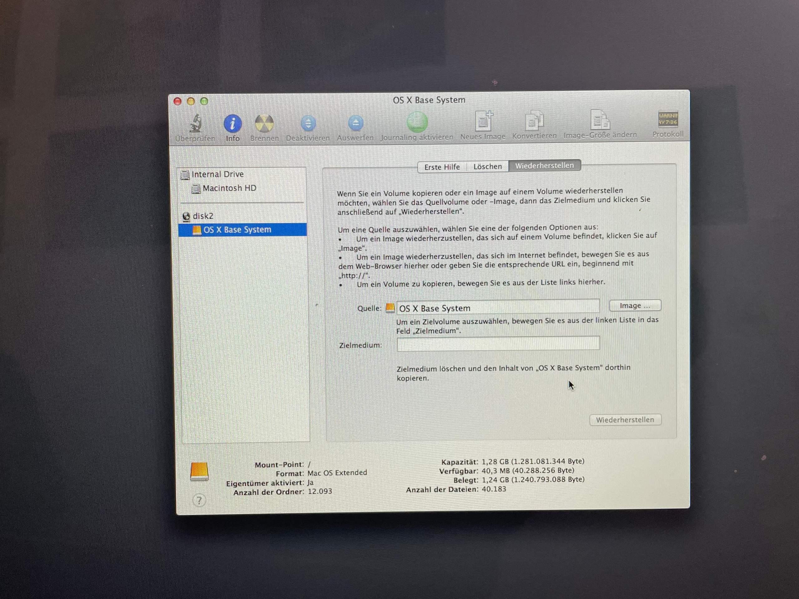 MacOS Base System Festplattendienstprogramm Fehler? (Apple, Mac OS X, booten)