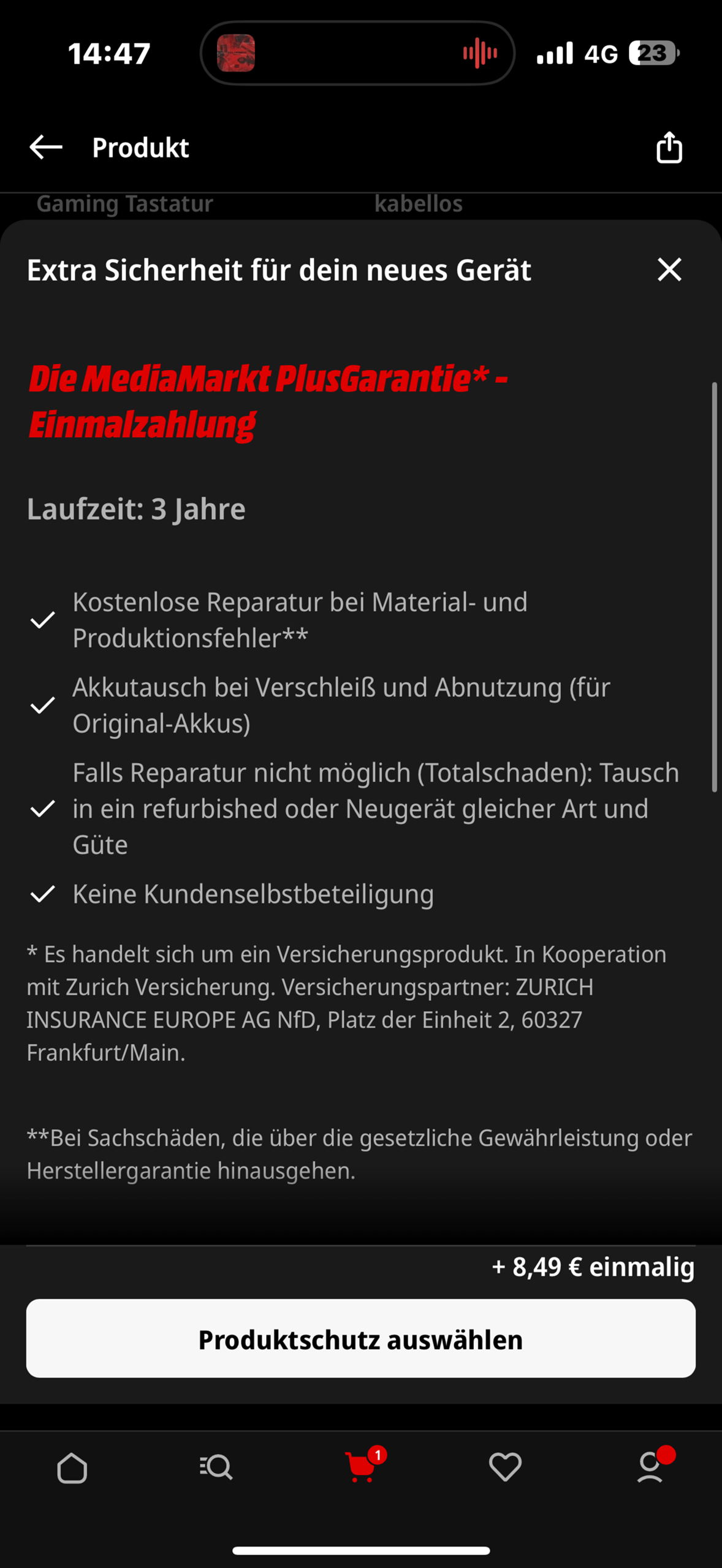 Media Markt Versicherung? (Gaming, Bestellung, Tastatur)
