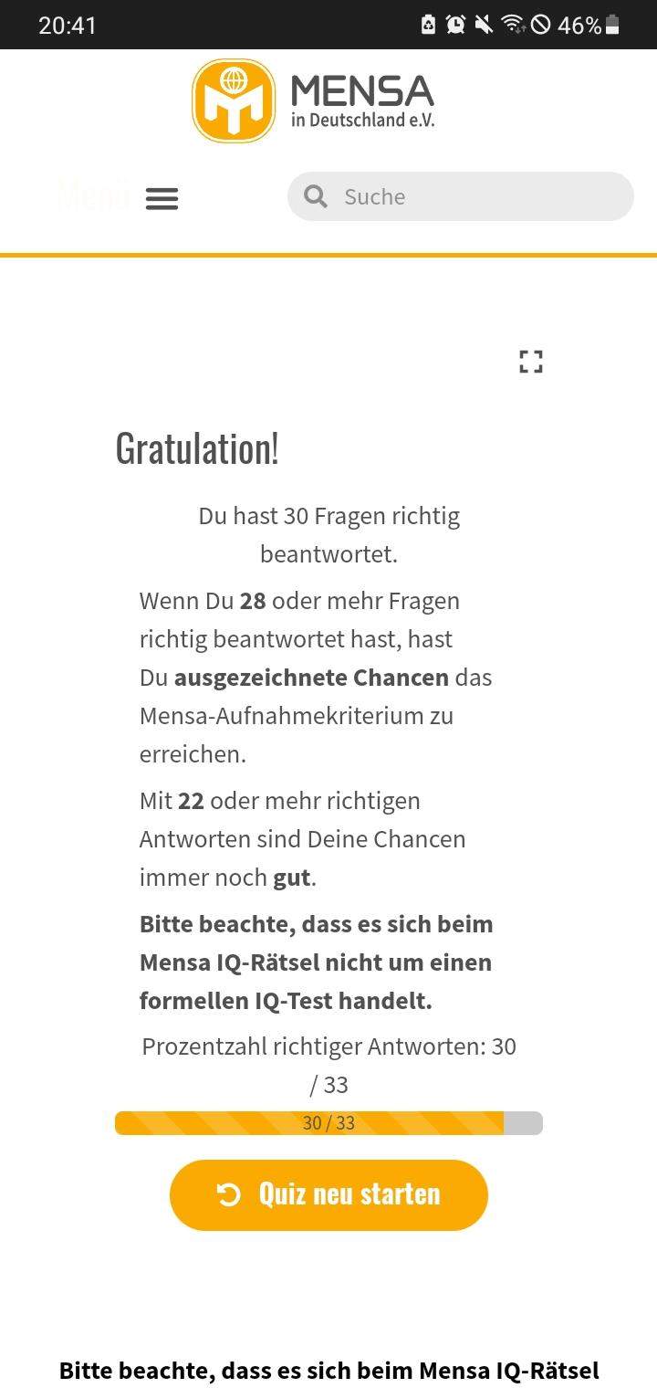 Mensa Test mit 30 richtige Fragen absolviert wofür geeignet? (Schule ...