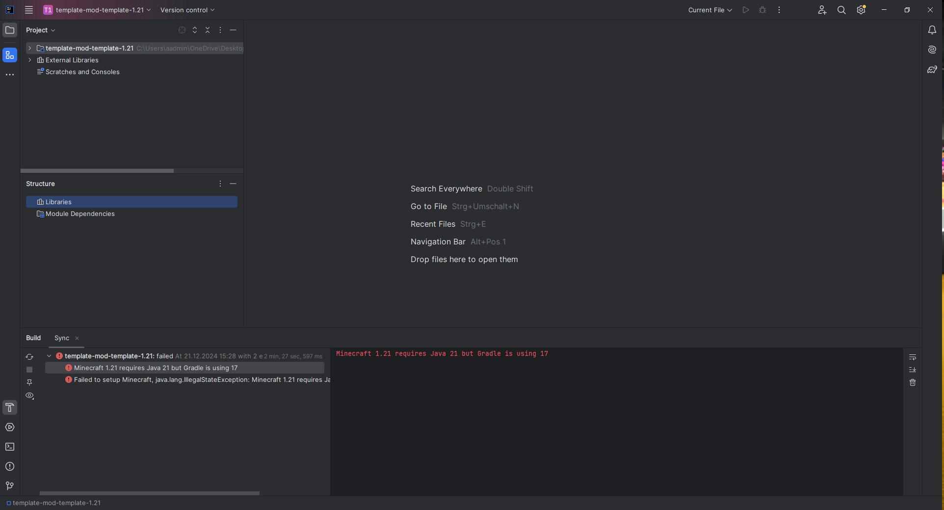 Minecraft 1.21 requires Java 21 but Gradle is using 17? (programmieren)