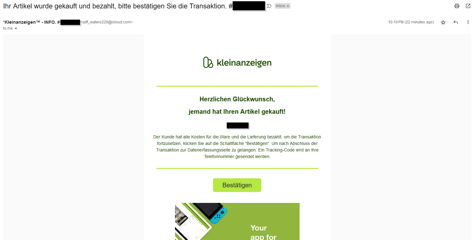 Mögliche Phishing-Attacke? (E-Mail, Kleinanzeigen, kleinanzeigenportal)