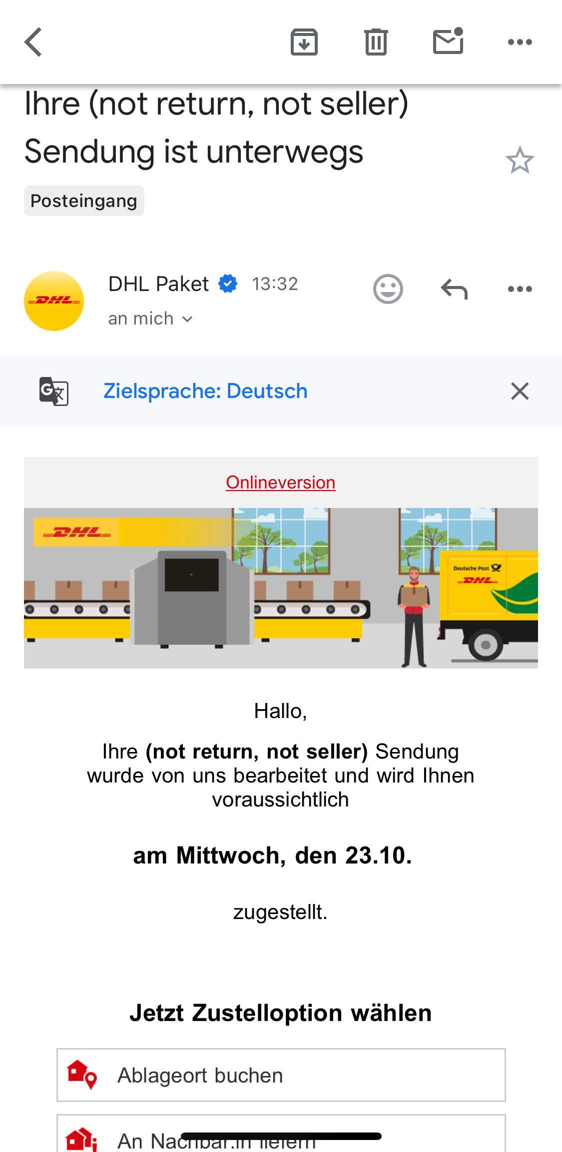 Not return,not seller Dhl Nachricht? (Lieferung)