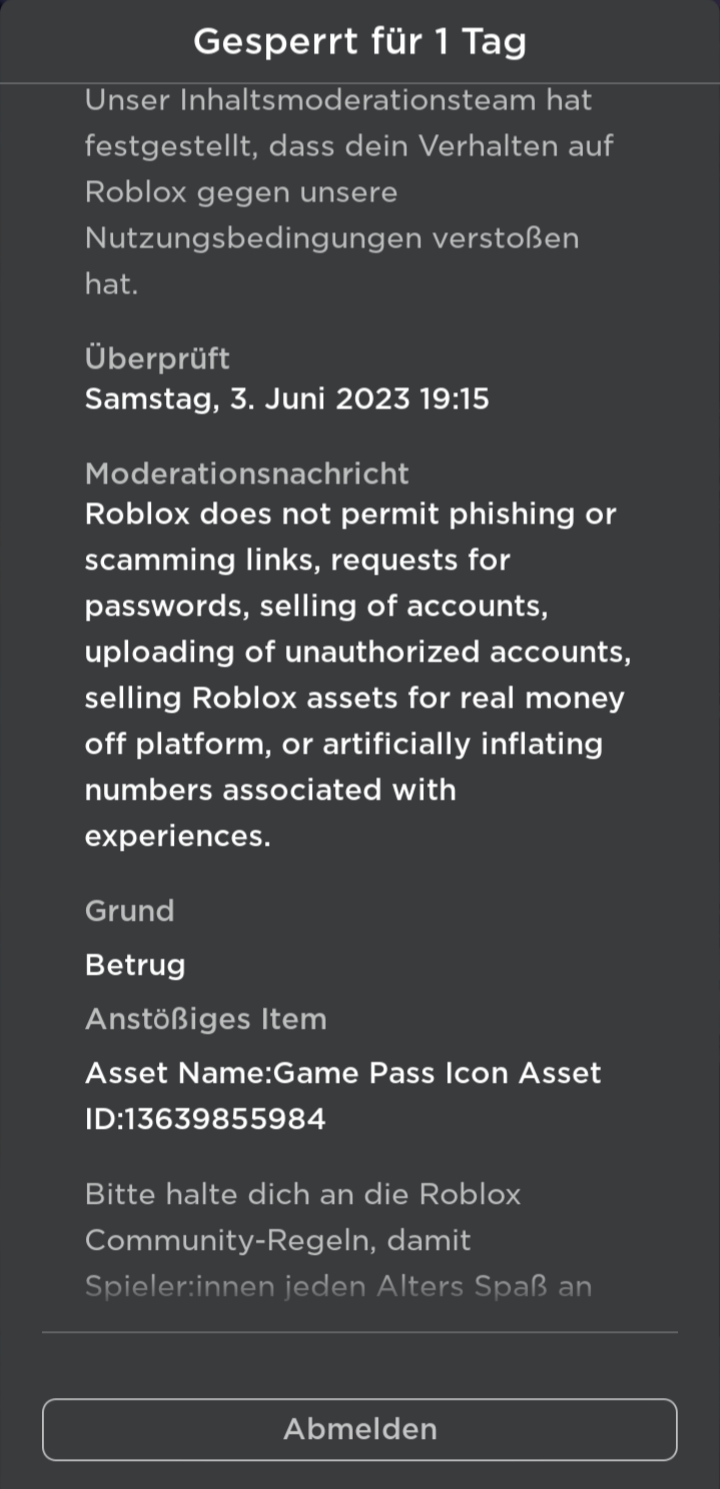 Ohne Grund für Scamming gebannt in Roblox? (ban) Ohne Grund für Scamming gebannt in Roblox? (ban)